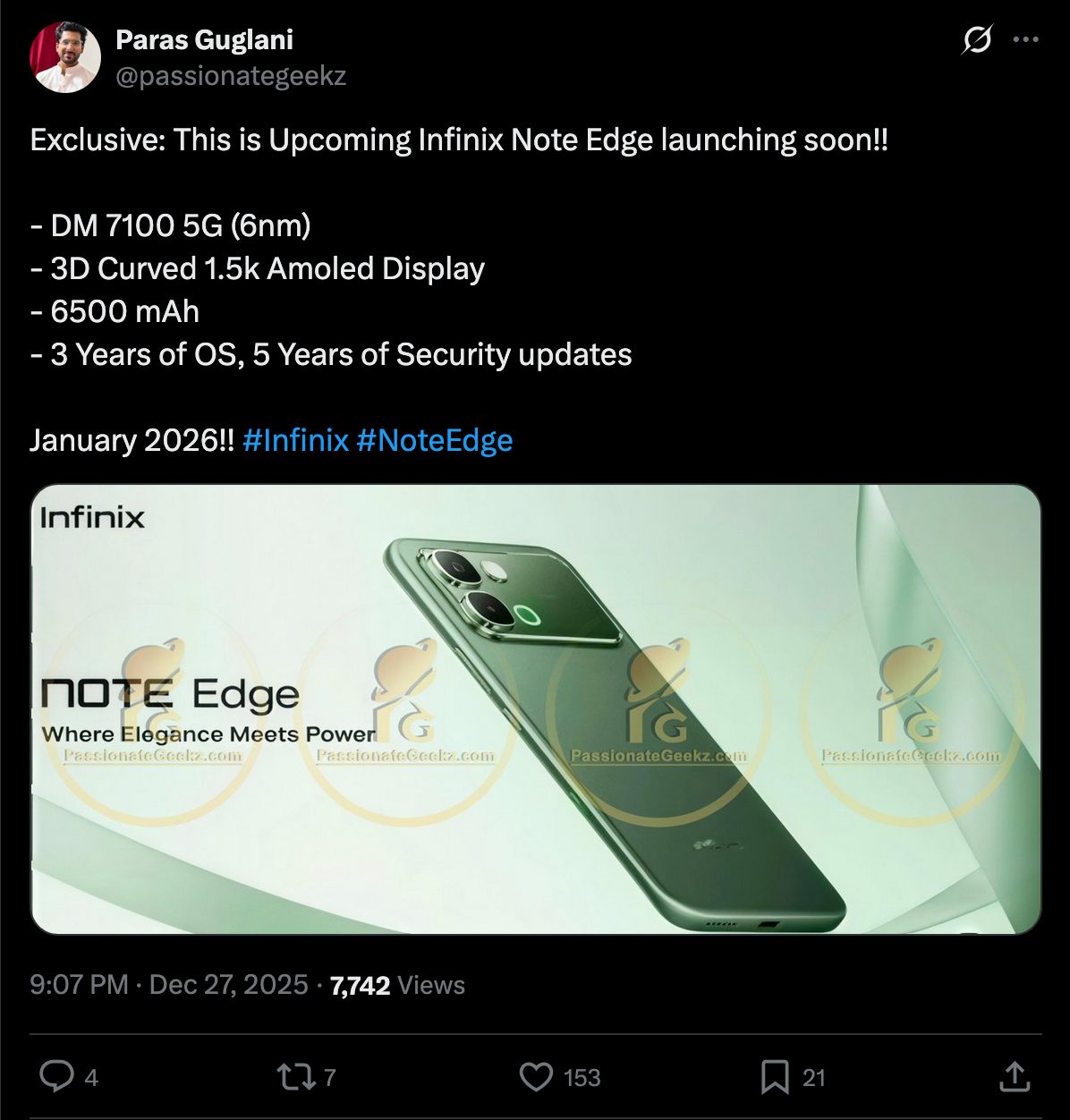 Infinix Note Edge Leak Hints at Android 16 and 6,500mAh Battery