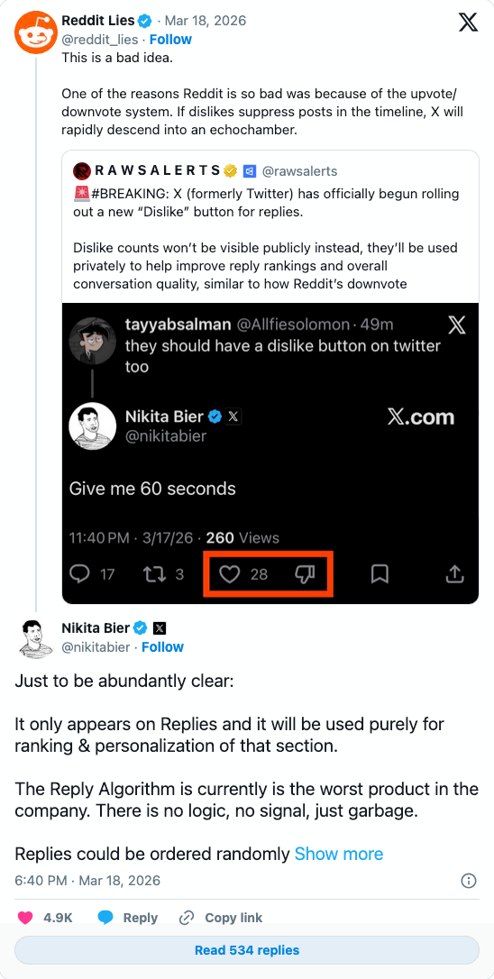 X Is Testing a New Dislike Button to Fix Its Broken Reply Algorithm